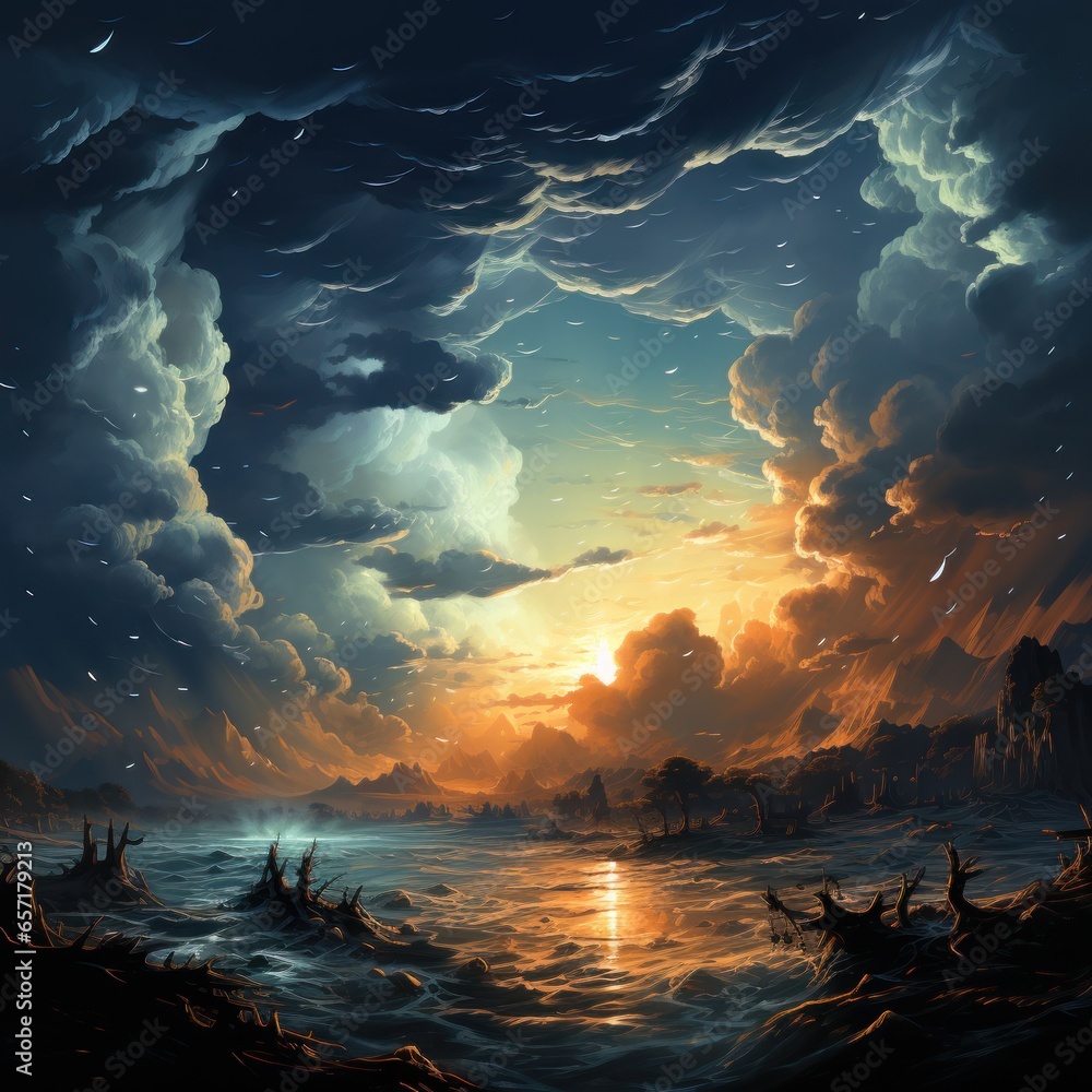 Dramatic atmosphere of cloudy weather and lightning striking urban and ...