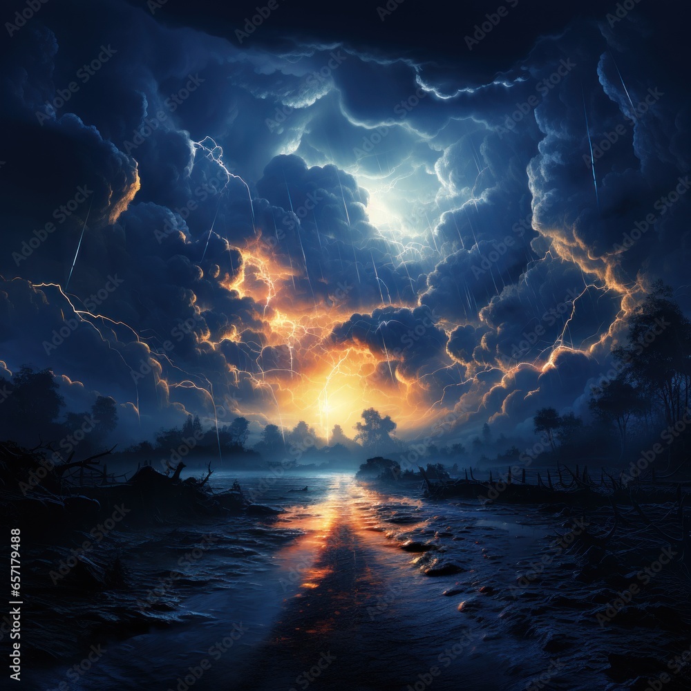 Dramatic atmosphere of cloudy weather and lightning striking urban and ...