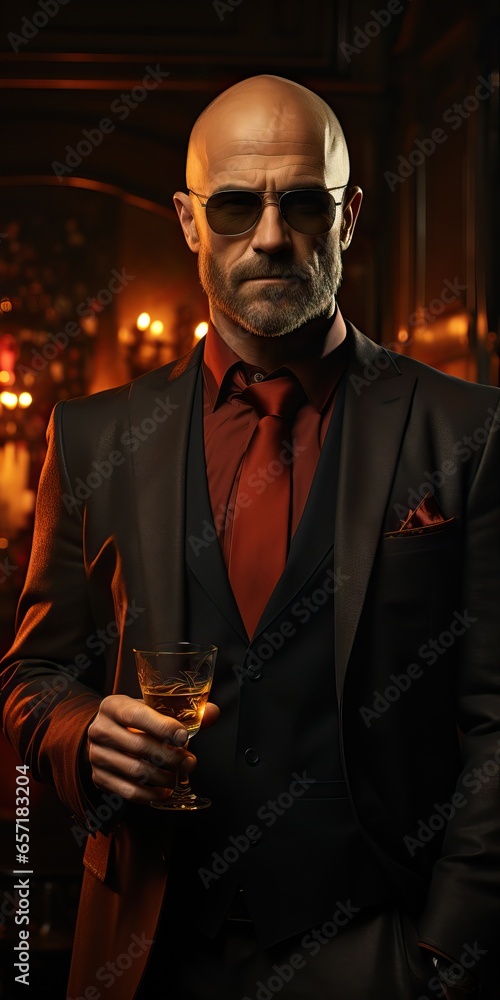 Mafia Boss standing in a Pub while Holding a Cup of Alchool. Gangster ...