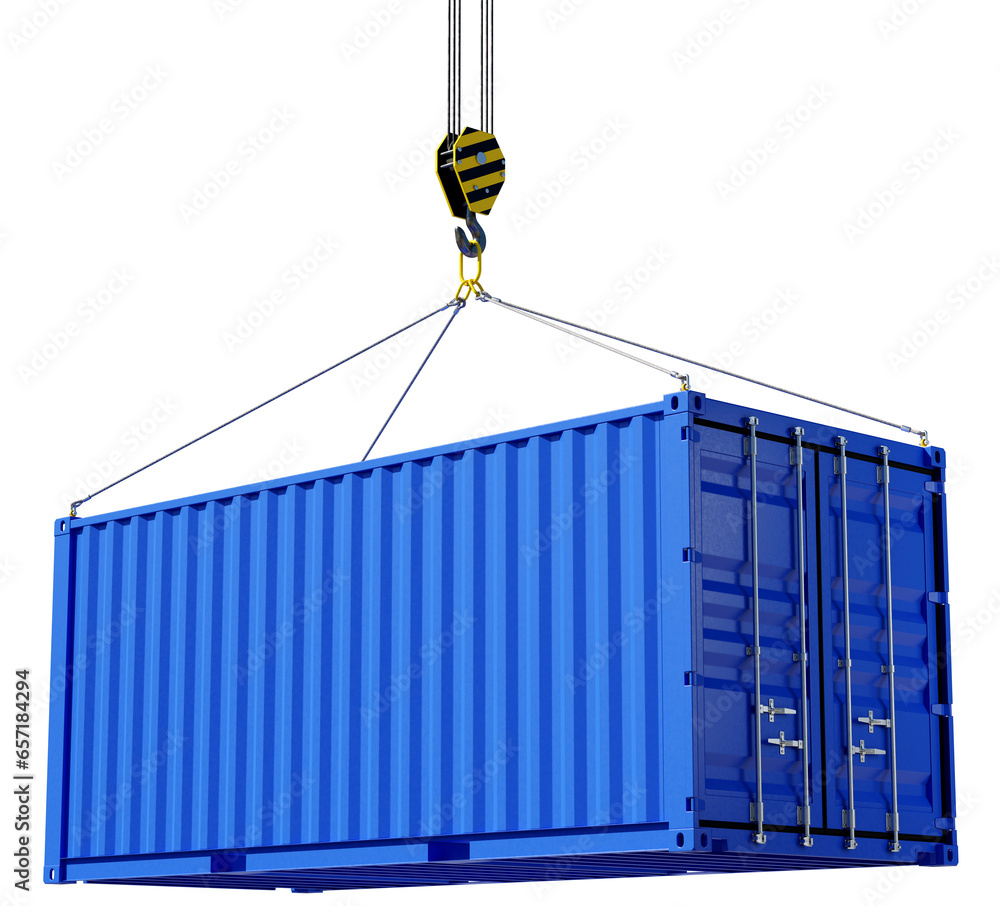 20-Foot Blue Shipping Container Hanging on a Crane Hook With Wire Ropes ...