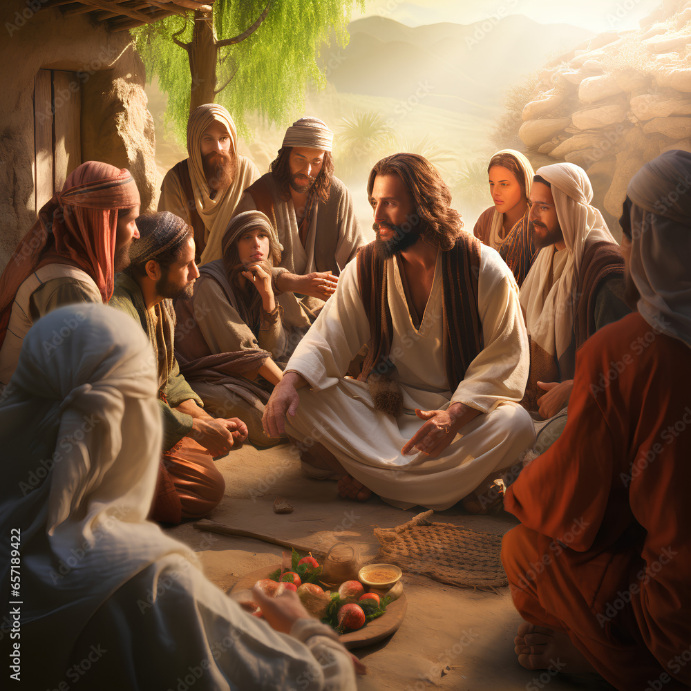 Jesus preaching to people in a small village Stock Photo | Adobe Stock