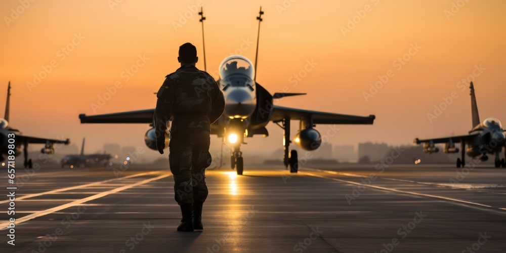 Back view of a fighter pilot boarding a fighter jet on an airfield at ...