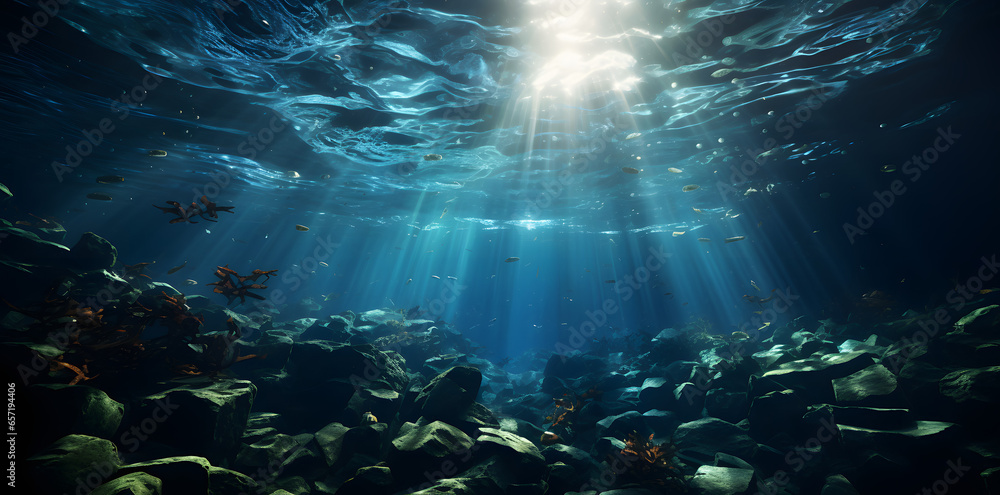an ray of light coming out of water in the underwater, in the style of ...
