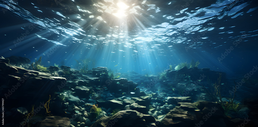 an ray of light coming out of water in the underwater, in the style of ...