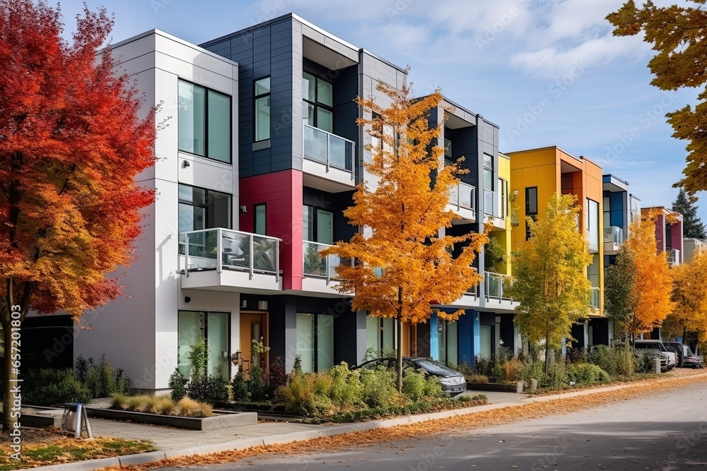 The houses are in a row. Several identical multi-colored houses in the ...