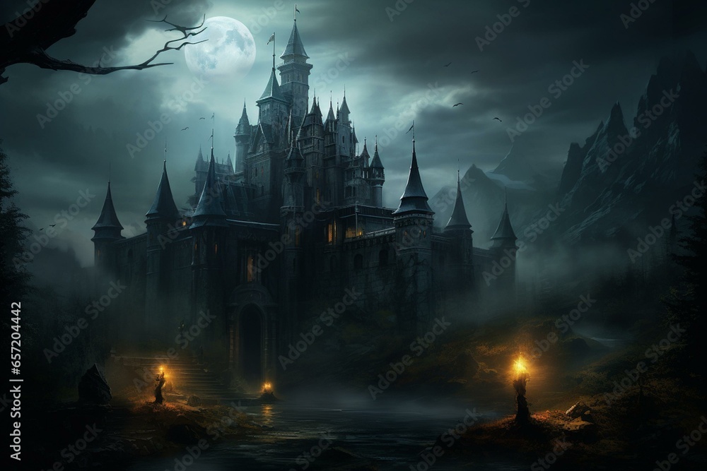 Exploring a sinister castle on Halloween night, surrounded by eerie ...