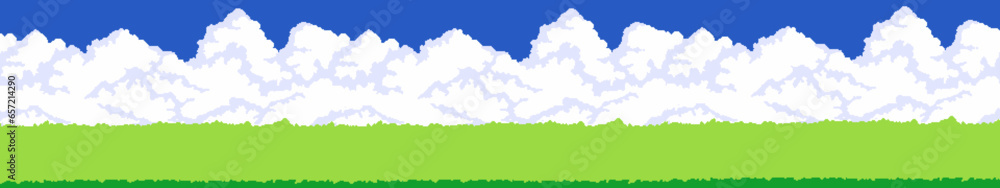 grass and cloud sky in pixel art, landscape illustration of green grass ...