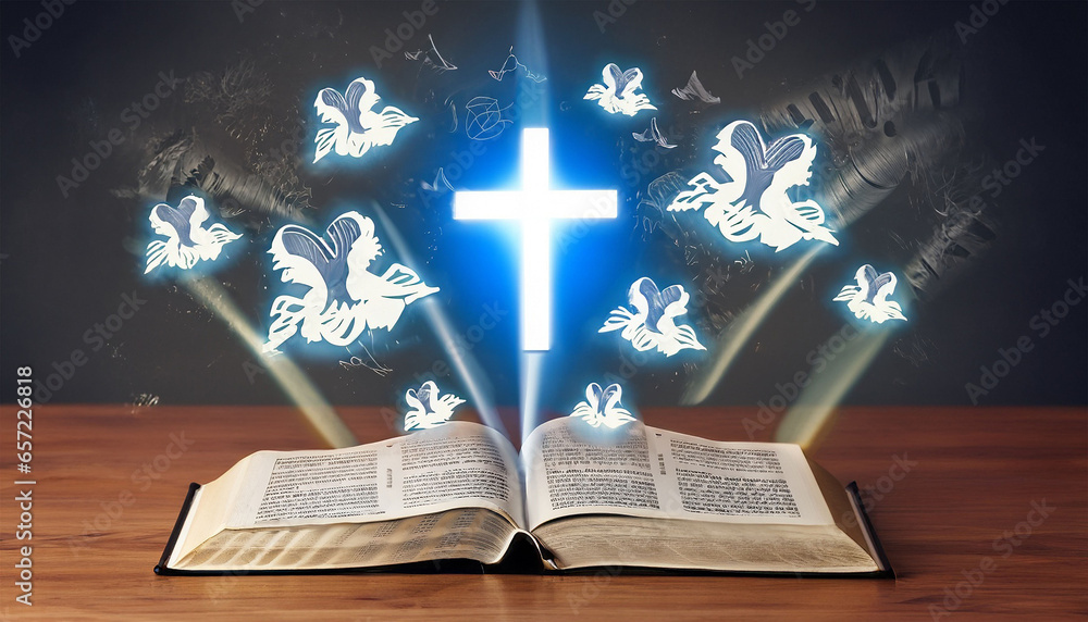 opened prayer bible with the cross. Angels communicating, spiritual ...