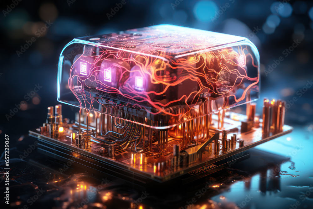A futuristic brain implant connecting to a computer interface ... A futuristic brain implant connecting to a computer interface ...