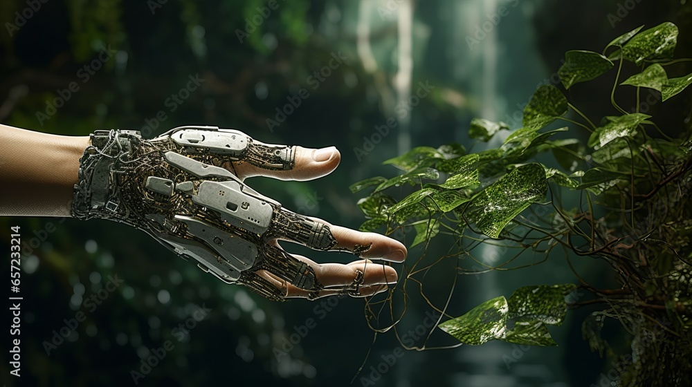 Robot hand future concept technology food science apple flower green ...