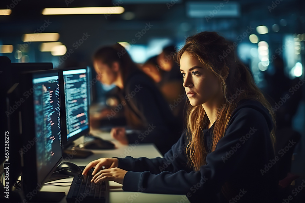 Foto de Coding Brilliance Young Girl Programmer Crafting Code in the ...