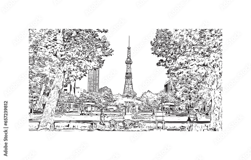Building view with landmark of Sapporo is the city in Japan. Hand drawn ...