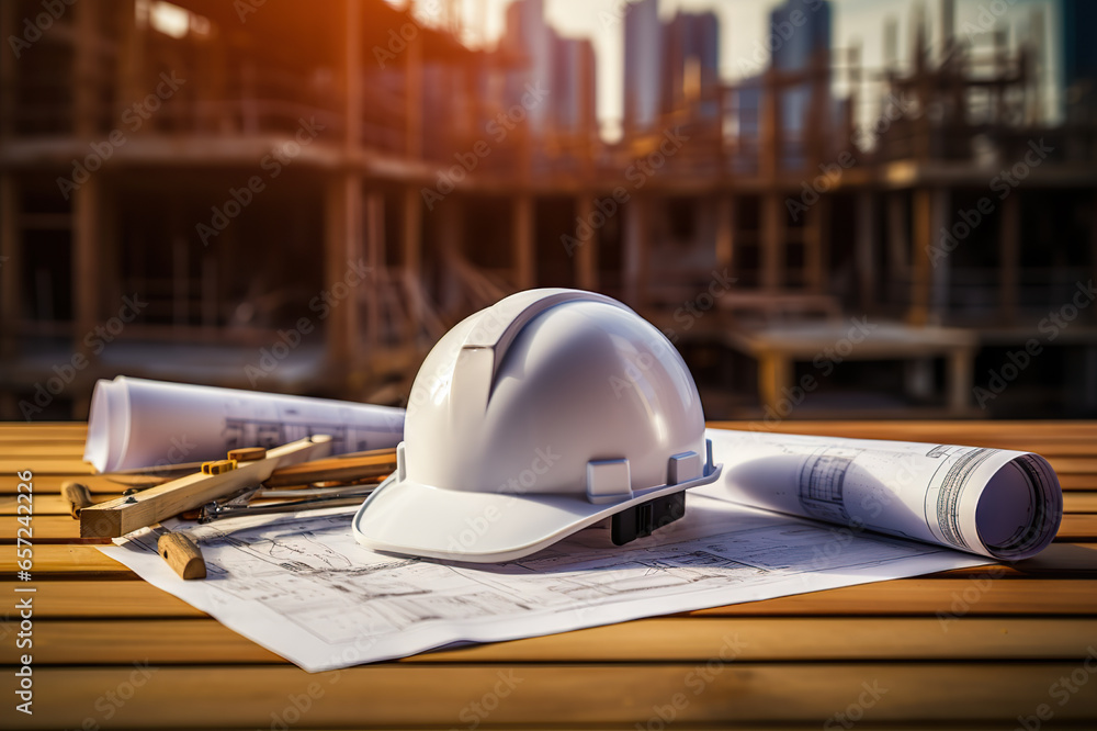 Building Foundations Construction Site, Blueprints, and Safety Helmets ...