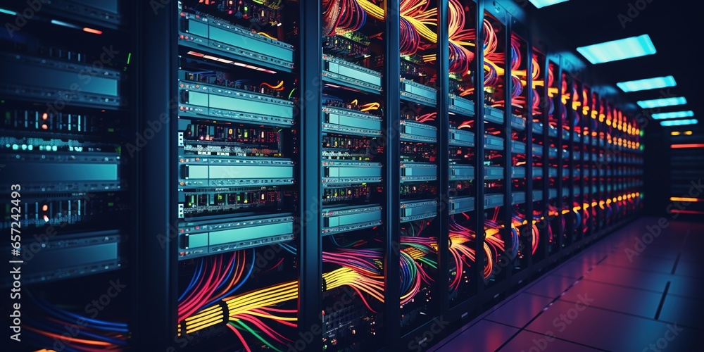 Generative AI, Closeup shot of networking cable in the server room ...