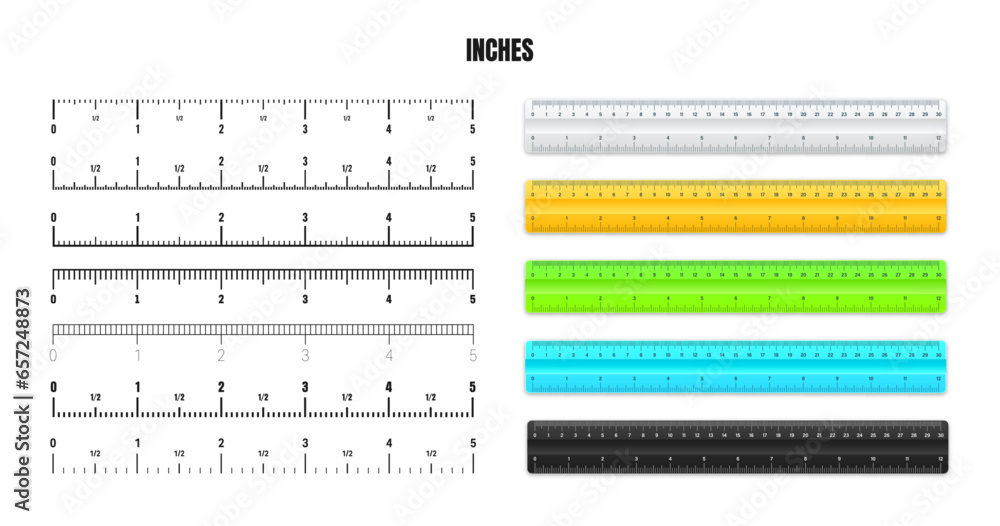 Realistic plastic rulers with black inch scale for measuring length or ...