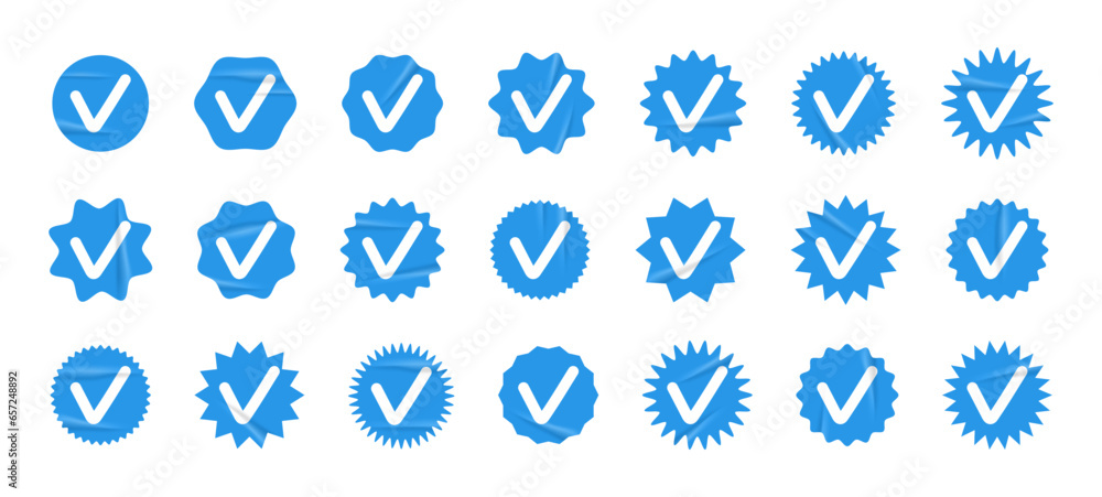 Verified badges with grunge crumpled texture set. Blue check icon ...