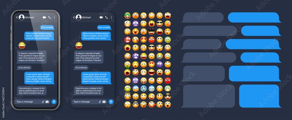 Smartphone messaging app, user interface with emoji. SMS text frame ...