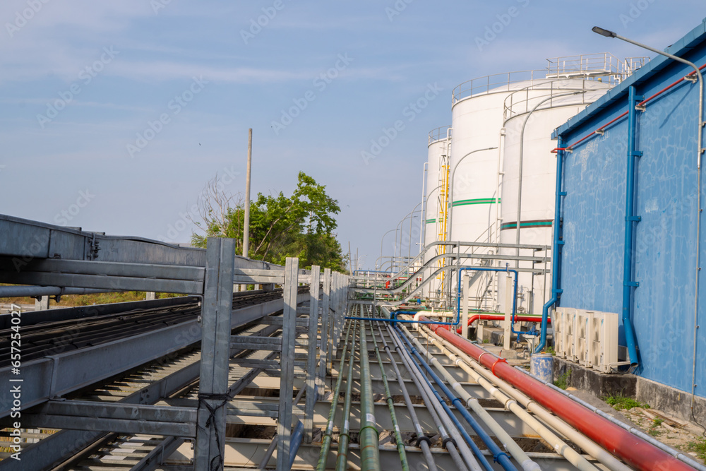 Pipe rack on the power plant industry water distribution system. The ...
