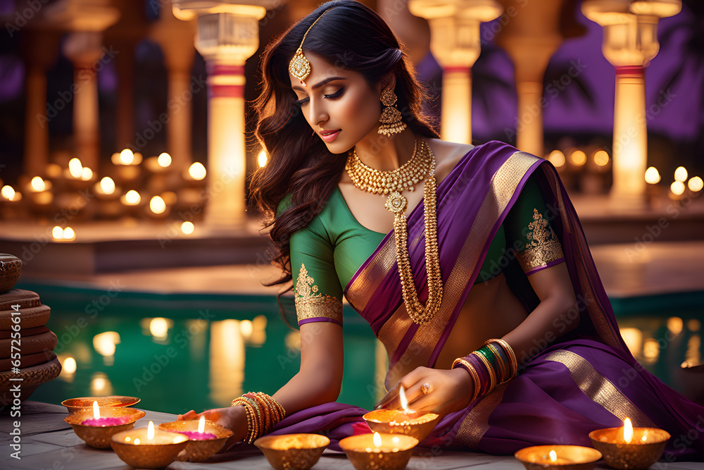 Beautiful young Indian woman wearing a saree lighting diyas by celebrating the traditional ...