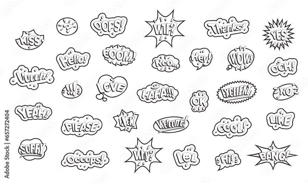 Black white comic style stickers. Slogans on a transparent background ...