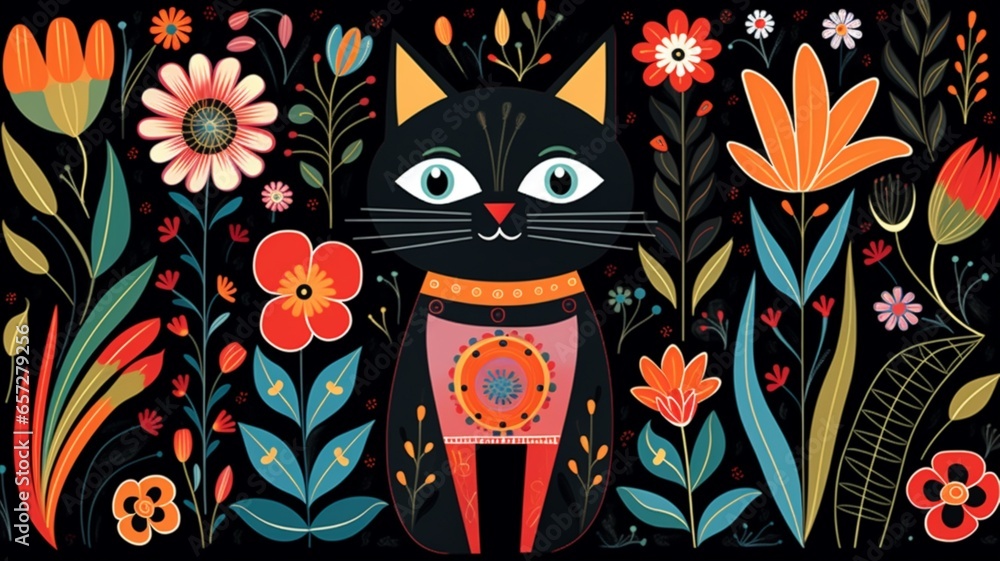 Beautiful humorous cat and flowers print folk art style simp Ai ...