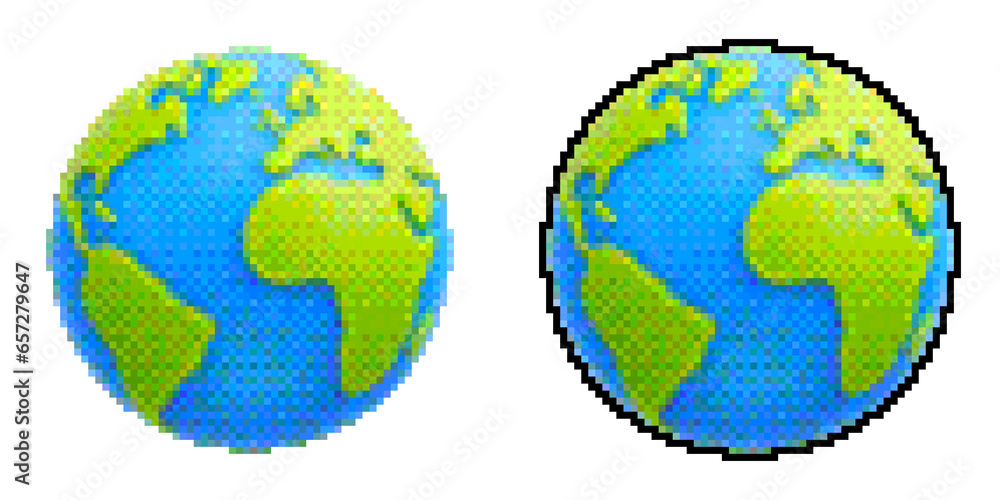 Planet Earth icons in pixel art cartoon style isolated on transparent ...