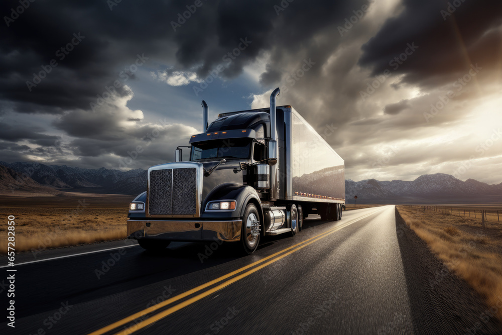 In the logistics industry, a massive cargo truck speeds along a desert ...
