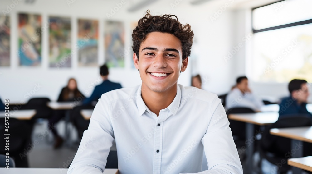 Latino male college student sitting a classroom smiling, student study ...