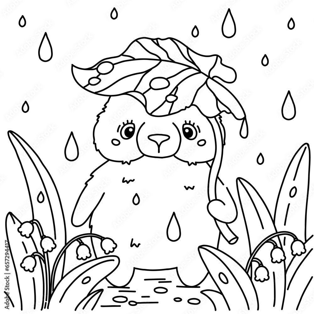 Cute wombat with leaf umbrella is walking under the rain. Coloring page ...