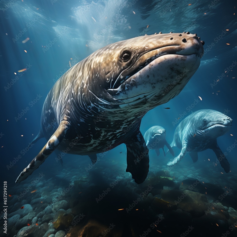 A whale swims underwater, marine. A large representative of cetaceans ...