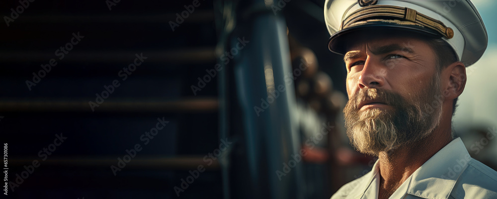 Horizontal banner. Captain of ship with beard and shirt in white cap on ...