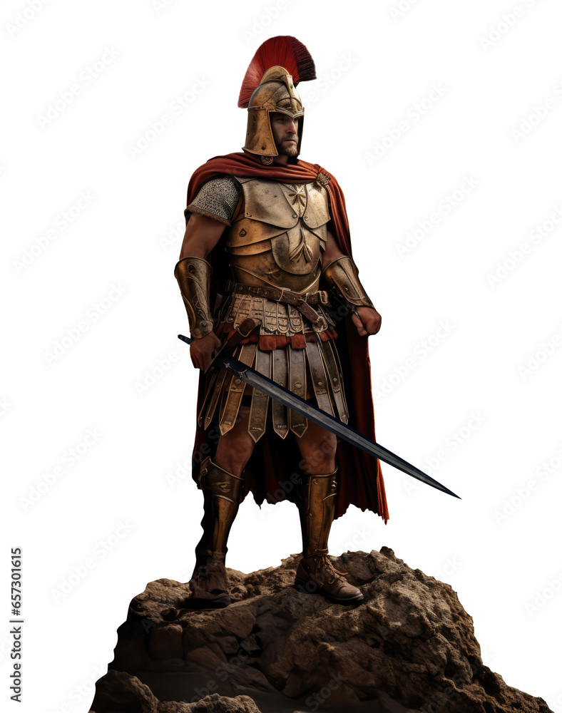medieval spartan standing on a cliff. isolated transparent background ...