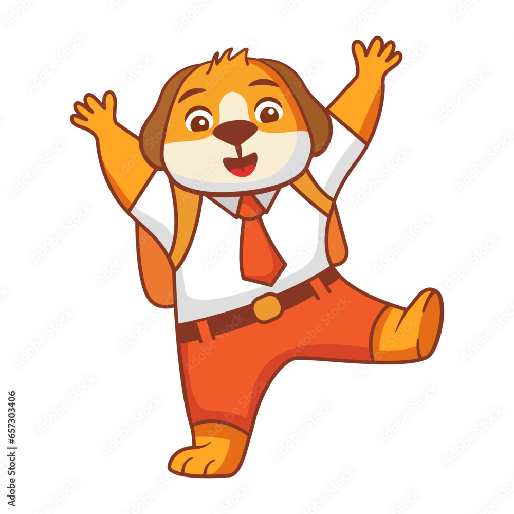 Cartoon dog going to school.A joyful cute tiger jumping cub in a school ...