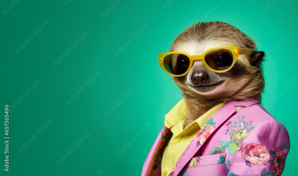 Cool looking sloth wearing funky fashion dress - jacket, shirt, glasses ...
