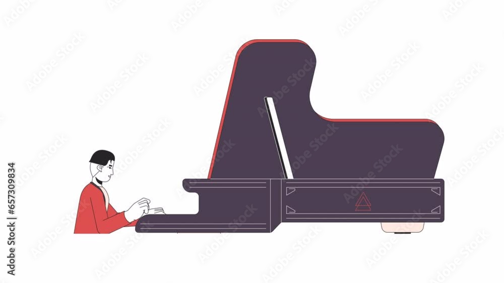 Talented adult man playing on grand piano line 2D character animation ...