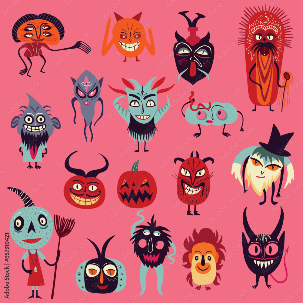 Vibrant Strange ugly Halloween characters. Cute bizarre comic ...