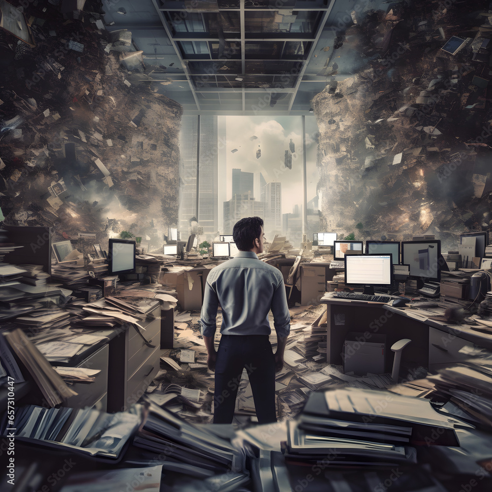 Businessperson standing in the middle of a bustling office, looking ...