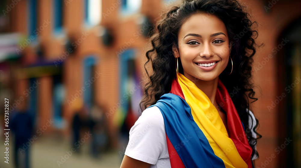 A smiling girl from Colombia wearing clothes in the colors of the ...