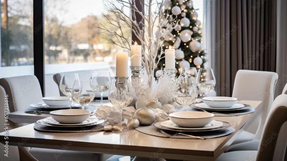 an elegant dining table set for a holiday feast. the fine china ...