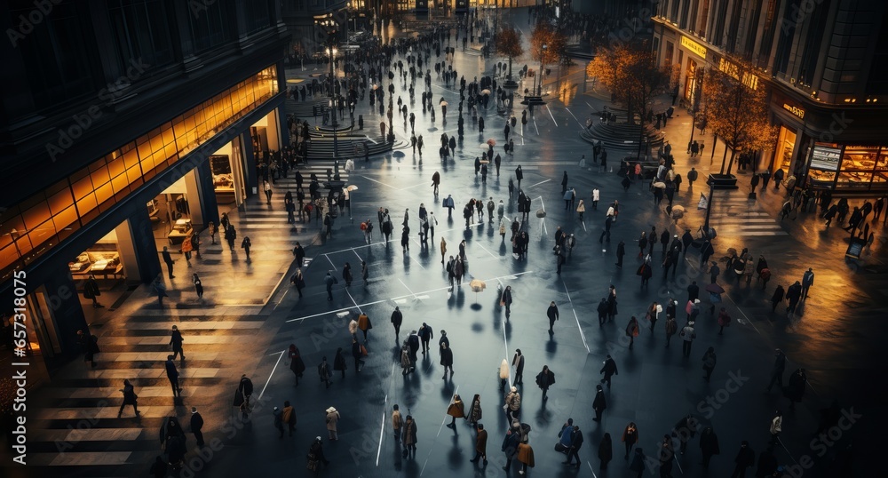 A crowd of people walks through the intersection. There is a lot of ...