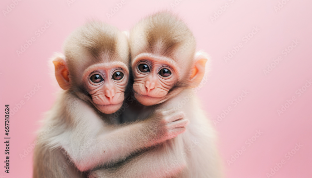 Two monkey friends hugging each other. A scene of love and romance with ...