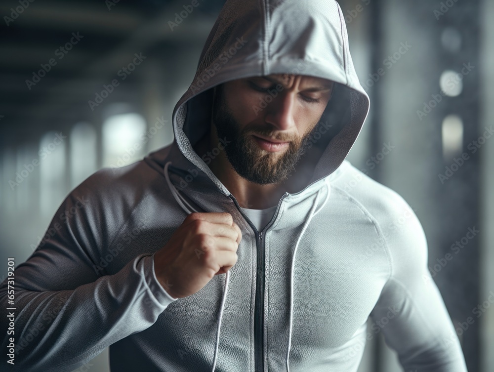 Hooded Male Athlete Sweating As He Gets His Breath Back After A Workout ...