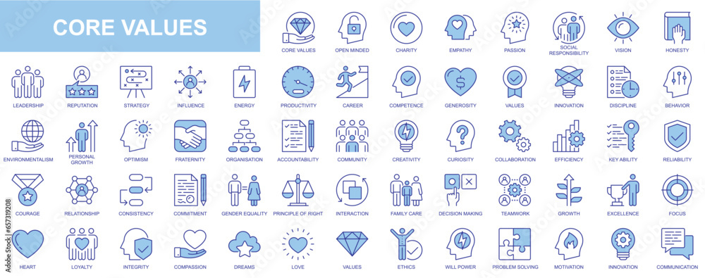 Core values web icons set in blue line design. Pack of charity, empathy ...