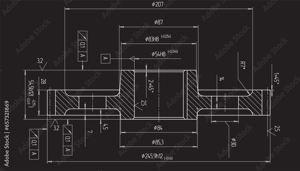 Vector engineering cad drawing of a mechanical part (steel wheel) with ...