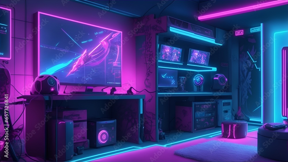 interior of a gamer Room with neon lights wallpaper Stock Illustration ...