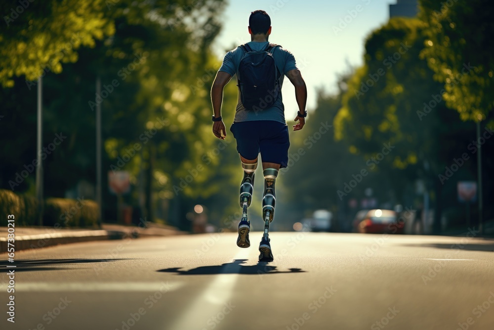 Person on prosthetic limbs, rehabilitation, body part replacement ...