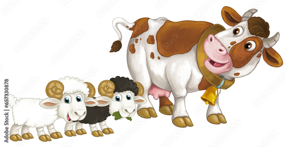 cartoon scene with happy farm animal cow looking and smiling and two ...