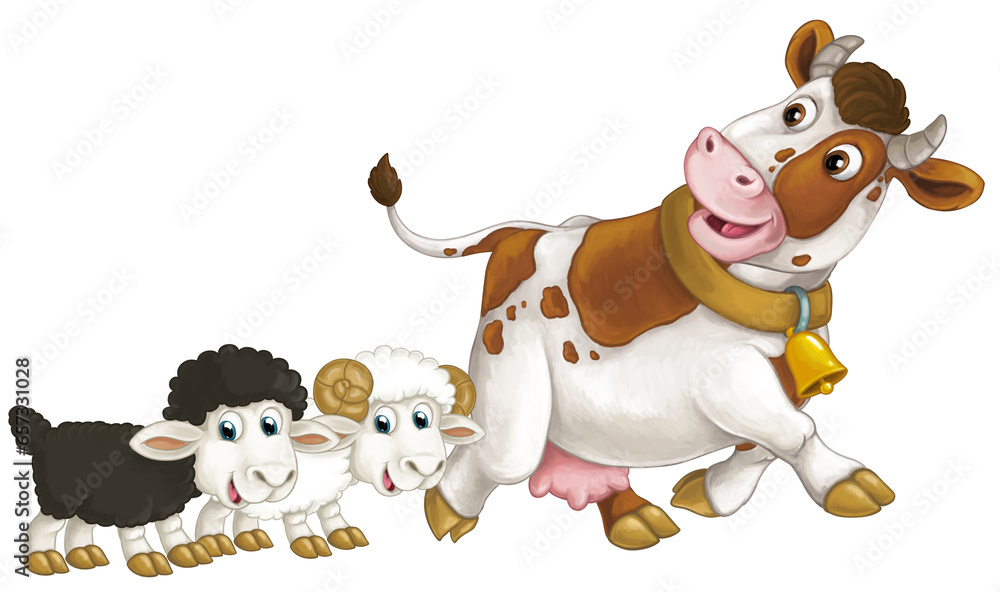 cartoon scene with happy farm animal cow looking and smiling and two ...