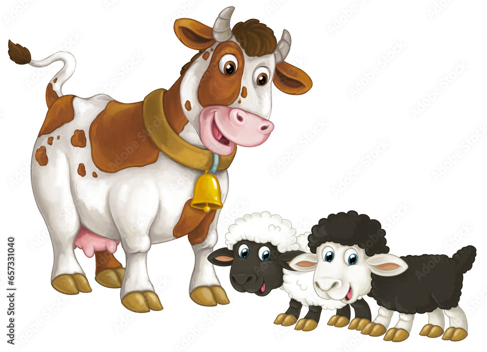 cartoon scene with happy farm animal cow looking and smiling and two ...