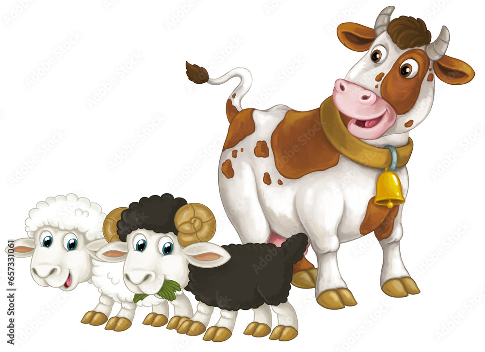 cartoon scene with happy farm animal cow looking and smiling and two ...